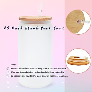 VEVELU 25 Pack Frosted Glass Cups with Lids and Straws 16oz Frosted Sublimation Glass Cups Can Blanks Tumbler Glass Sublimation Cups with Bamboo Lid Beer Can Glass Iced Coffee Cups Drinking Juice Jars