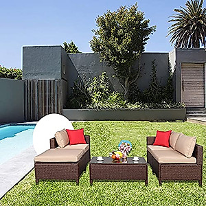 L-DREAM 5-Piece Set Rattan Sofa for Outdoor Patio Furniture Set, Brown PE Rattan Wicker Sofa Set, with Beige Seat Cushions and Rectangular Coffee Table, Garden Furniture (Color : Brown)