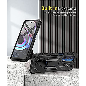 for Motorola Edge 2021 / Moto Edge 5G UW Case: Built-in Screen Protector Kickstand Full-Body Military Grade Three-Layer Protective Shockproof Rugged Phone Cover with Belt Clip Holster Black