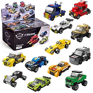FUN LITTLE TOYS 12 Boxes Race Car Mini Building Blocks Party Favors for Kids 8-12, Car Building Kit Prize Box Toys for Kids Classroom