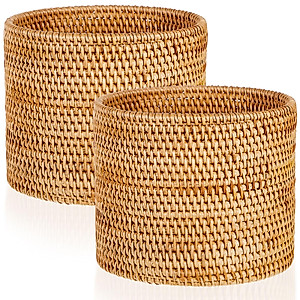 Ziliny 2 Pcs Small Waste Basket for Bathroom Woven Rattan Trash Can Handmade Woven Trash Can Cylinder Rustic Round Natural Wastebasket for Garbage Home Bedroom Kitchen Storage Office Desktop Essential
