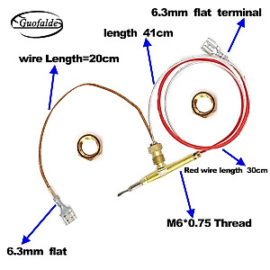 GUOFALDE Outdoor Patio Heater Thermocouple, M8 x 1 End Connection Nuts Thermocouple 410 mm Length M6 x 0.75 Head Thread