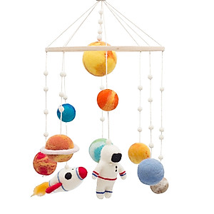 Glaciart One Space Nursery Felt Mobile - Colorful Decor for Crib, Baby Rooms - Handmade, Child-Safe Wood, Felt Wool & Cotton - Solar System Decoration for Girls & Boys - 10x20Inch