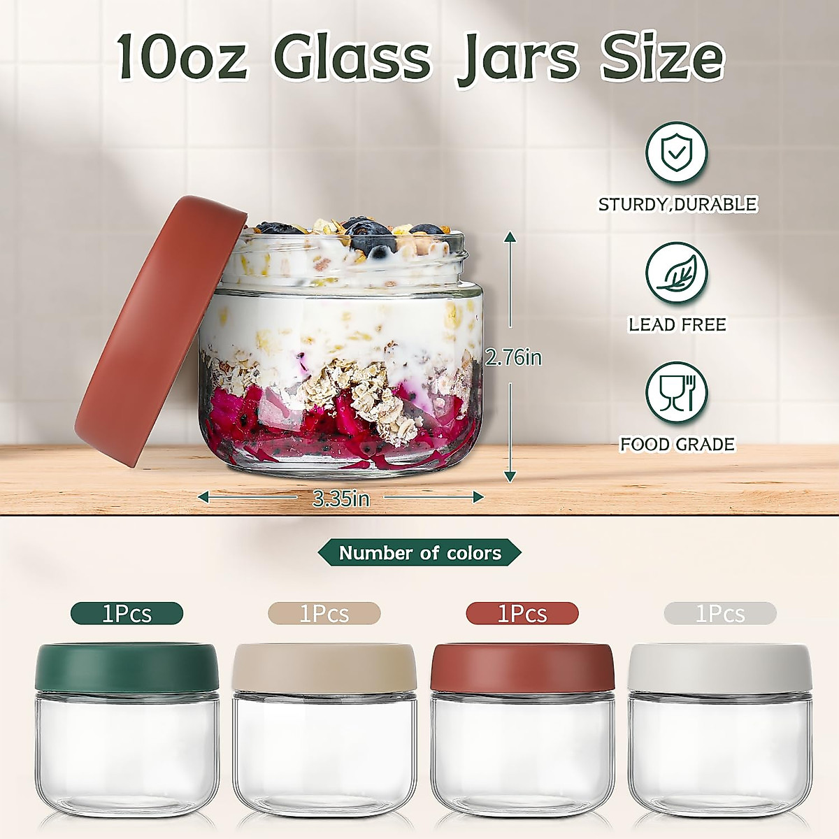 DIMBRAH 10oz Glass Jars with Lids - Set Of 4, Overnight Oats Containers with Lids, Practical Oatmeal Container to Go, Chia Seed Pudding Jars, with Spoon and Marker