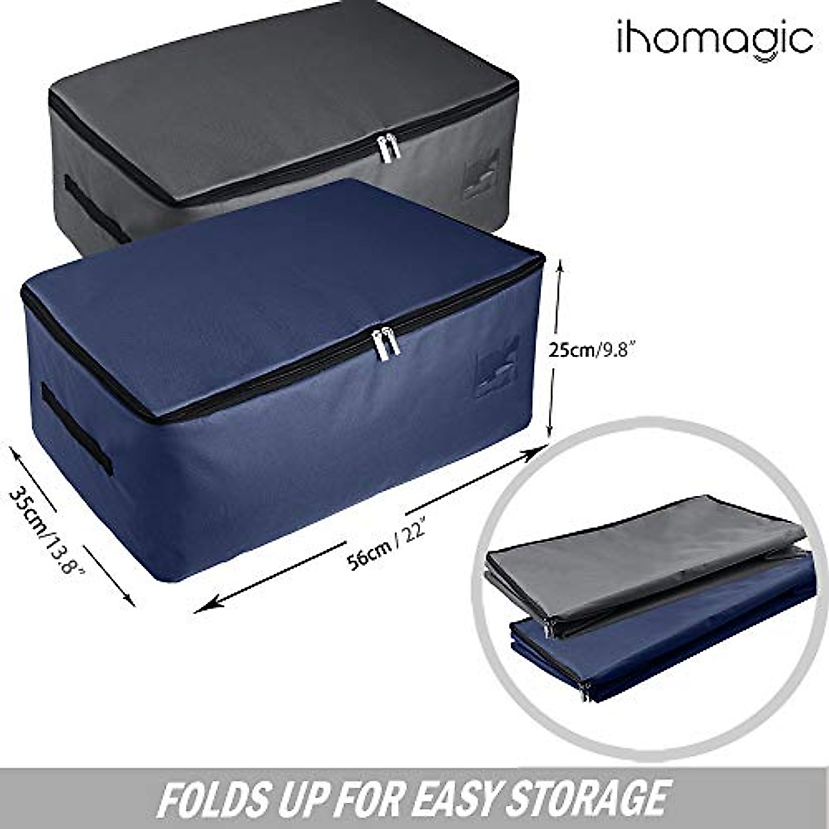 IHOMAGIC 2-Pack Under Bed Storage Bag, Zippered Clothes Storage Organizer with Handles - Storage Bins with Clear Pocket to Insert Label – for Clothing, Blankets, Towels 49L(Navy Blue/Dark Grey, S)