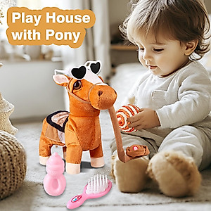 Walking Pony Toy Musical Singing Dancing Plush Interactive Pony Walk Along Horse with Leash Plush Stuffed Animal Shaking Head Buttocks Toy for Boy & Girl Kid Ages 3+ H: 11.81"