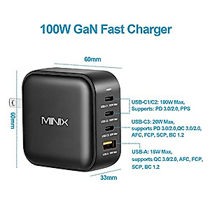 MINIX NEO P3 100W Turbo 4-Ports GaN Wall Charger, 3 x USB-C Port Fast Charging Adapter(Max 100W/20W), 1 USB-A (Max 18W). Compatible with MacBook Pro Air, iPad Pro, iPhone 13,12,Galaxy S9 and More.