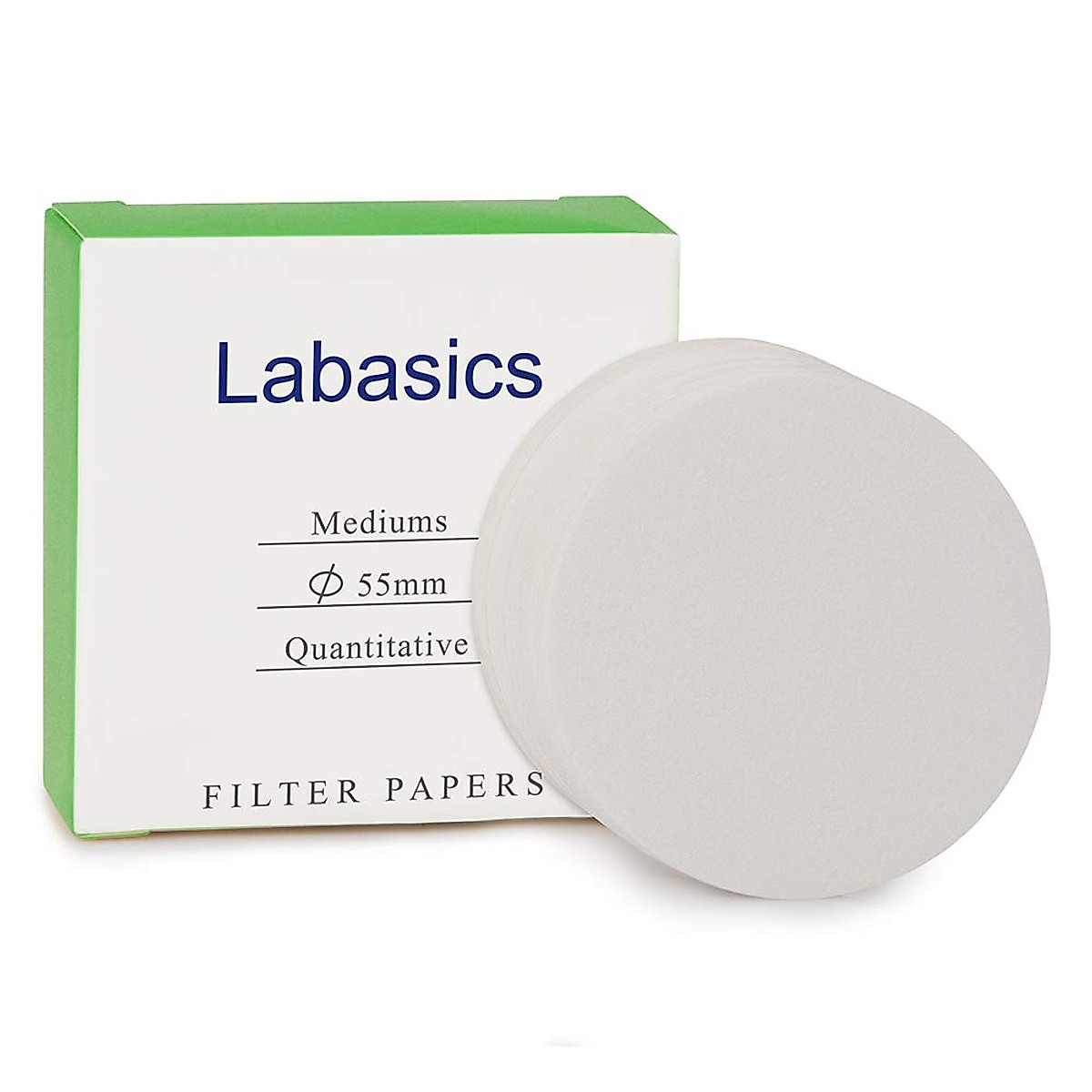 Labasics Quantitative Filter Paper Circles, 55 mm Diameter Cellulose Filter Paper with 15 to 20 Micron Particle Retention Medium Filtration Speed, Pack of 100