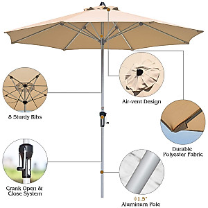 Tangkula 9 ft Patio Umbrella, Outdoor Market Table Umbrella with 1.5” Aluminum Pole, 8 Sturdy Ribs & Crank for Garden, Lawn, Deck, Backyard & Poolside (Beige)