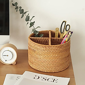 2packs Handweaved Rattan Four Divider Box Without Lid | 4 Compartments Storage Box Cosmetics Organizer Utensil and Bottle Serving Basket | 1Pack Round and 1Pack Squre Rattan Divider Storage Holders