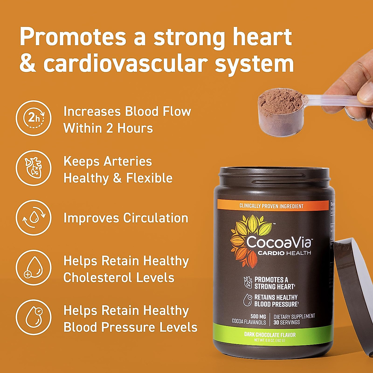 CocoaVia Cardio Health Cocoa Powder, 30 Servings, 500mg Cocoa Flavanols, Support Heart Health, Boost Nitric Oxide, Improve Circulation, Energy, Preworkout, Vegan, Dark Chocolate Cacao