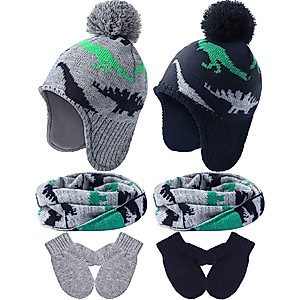 SATINIOR 6 Pieces Winter Boys Hat Dinosaur Warm Mittens Set Pompom Baby Knitted Hat Scarf Gloves Earflap Beanie (Stylish Color)