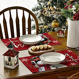 Artoid Mode Red Snowman Let It Snow Winter Placemats Set of 8, 12x18 Inch Seasonal Christmas Holiday Table Mats for Party Kitchen Dining Decoration