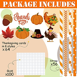 Hotop 56 Thanksgiving Day Orange Paper Straws with 64 Fall Cutouts and 100 Self Adhesive Dots, Disposable Drinking Straws for Thanksgiving Day Decor