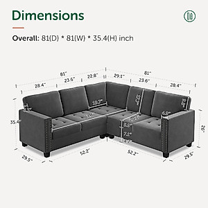HONBAY Velvet Convertible Sectional Sofa L Shaped Couch Reversible 4 Seat Corner Sectional Sofa for Small Space, Grey