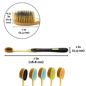 Synra Charcoal Toothbrush with Travel Case, 7” x 1”, Rubber Tongue Scraper, Soft Angled Bristles, 6 Pieces per Pack