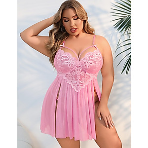 Avidlove Plus Lingerie Lace Babydoll Strap Chemise Nightgown V Neck Nightwear Sexy Sleepwear Sheer Mesh Nighty Pink 3X-Large