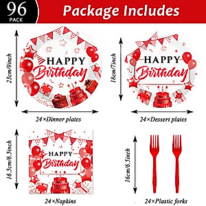 Red White and Gold Birthday Plates Napkins Forks Party Tableware Set Confetti Sprinkles Happy Birthday Party Decorations Red Table Decors for Men Women for 24 Guests