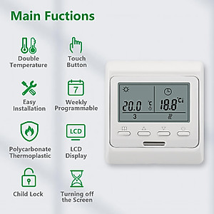 Wengart Weekly Programmable Digital Display Thermostat WG806,Heat Only AC110V 3A Work for Radiant Floor Heating Link Gas Boiler White