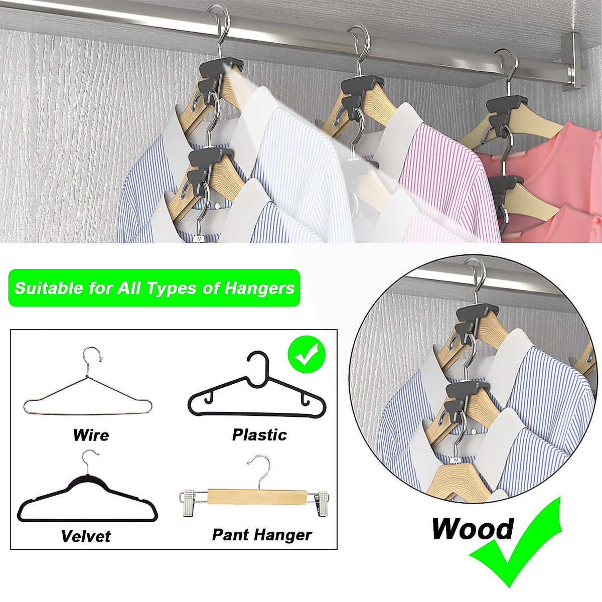 DAIFANNUO 80pc Space Clothes Hanger T-Shape Connector Hooks for Saving Closet Organization and Storage Cascading Black Premium Closet Heavy Duty Hanger Hooks Durable Hanger Connector Hooks