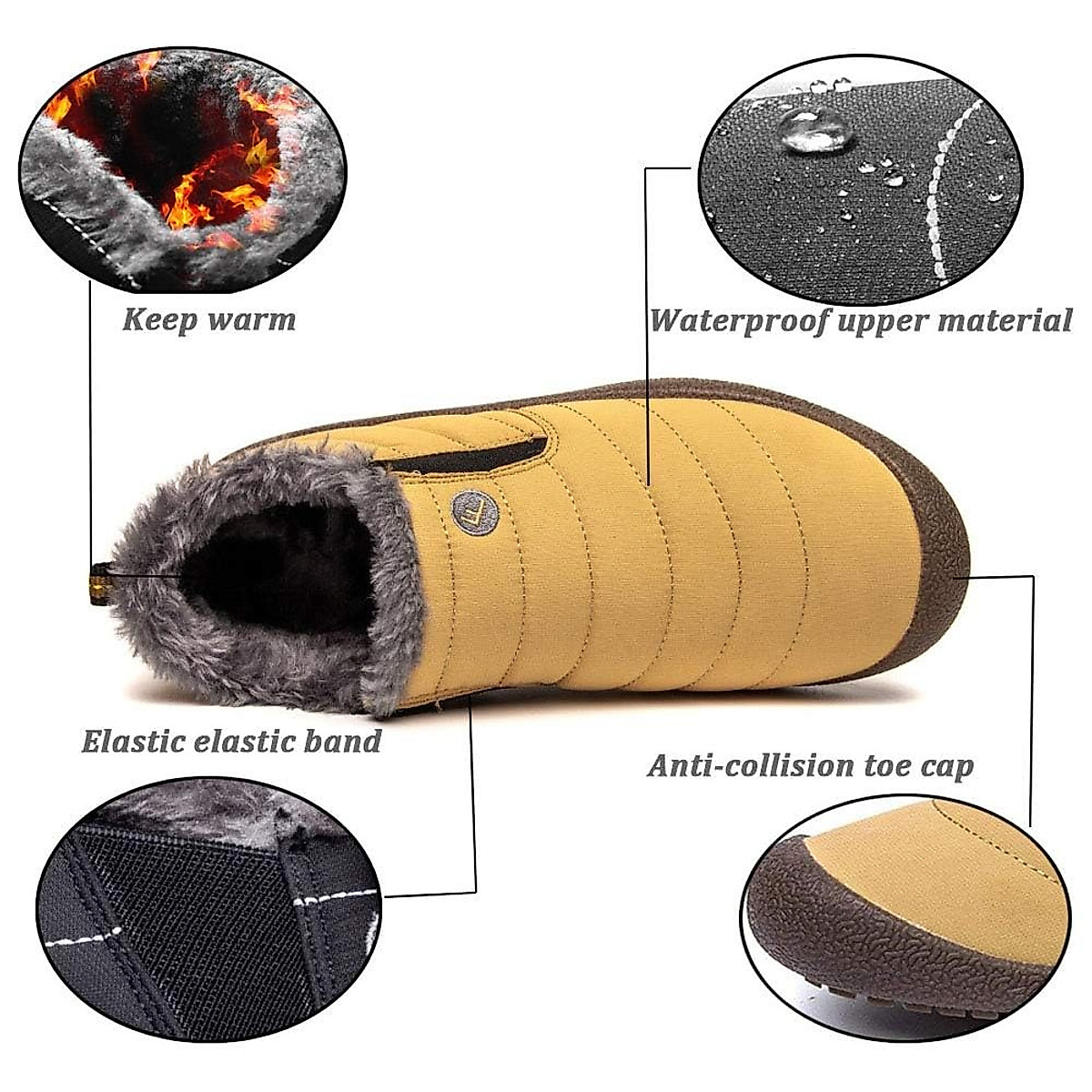 Eagsouni Womens Mens Snow Boots Winter Shoes Slip On Ankle Booties Anti-Slip Water Resistant Fully Fur Lined Outdoor Sneakers Yellow 8 Women/7 Men