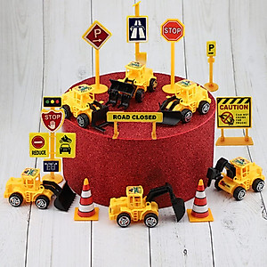 Newmemo 16pcs Construction Cake Topper Vehicles Cake Decoration Set Truck Excavator Tower Crane Cupcake Topper Traffic and Road Sign Decor Happy Birthday Party Supplies Favors for Kids Boys