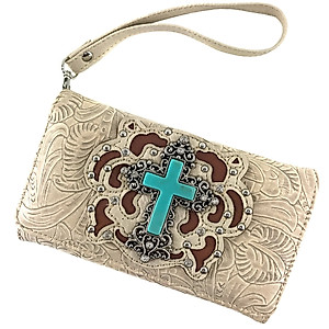 Justin West Embroidery Floral Glittering Bling Rhinestone Cross Shoulder Concealed Carry Handbag Purse Trifold Wallet (Black Hot Pink Wallet)