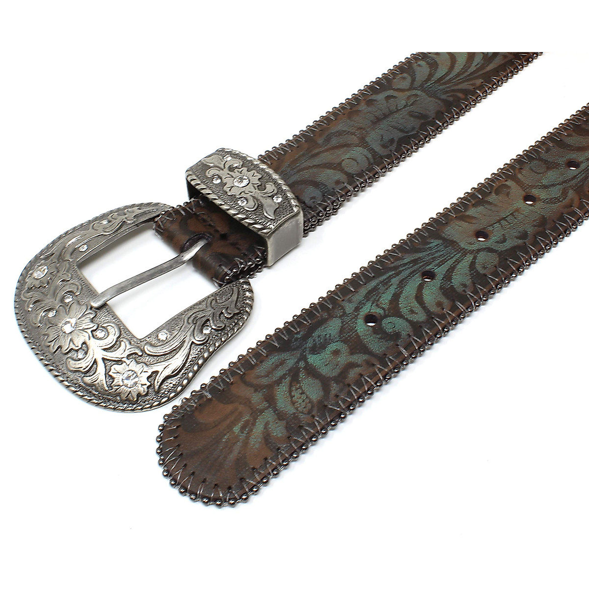 Western Scroll Buckle with Turquoise Tinted Embossed Brown Leather Belt (XL)
