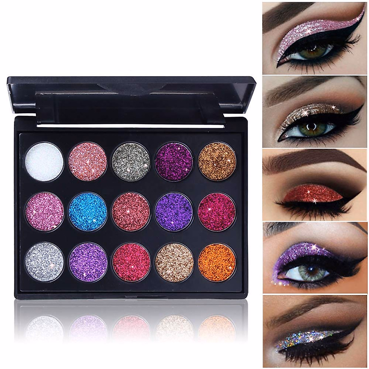 evpct 15 Colors Shimmer Glitter Sparkle Glittery Eyeshadow Makeup Palette Pallet Glitter for Girls,Pink Silver Red Rose Green Sparkling Sparkly Glitter Gel Pigment Eyeshadow Face Paint Makeup Palette