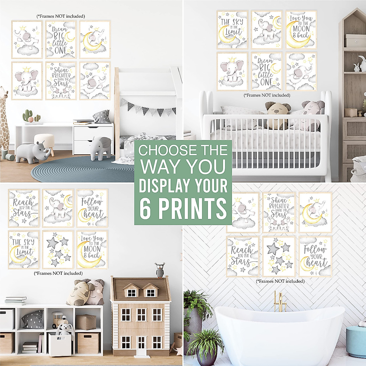 Hadley Designs 6 Reversible 8x10 Elephant Nursery Decor Wall Art Prints For Bedroom Posters, Baby Elephant Baby Shower Decorations For Wall Art Prints, Stars and Moon Nursery Decor