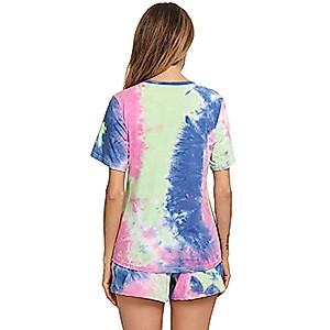 EISHOPEER Womens Tie Dye Printed Tee and Shorts Pajamas Set Sleepwear Pjs Sets LoungewearMulticolored S