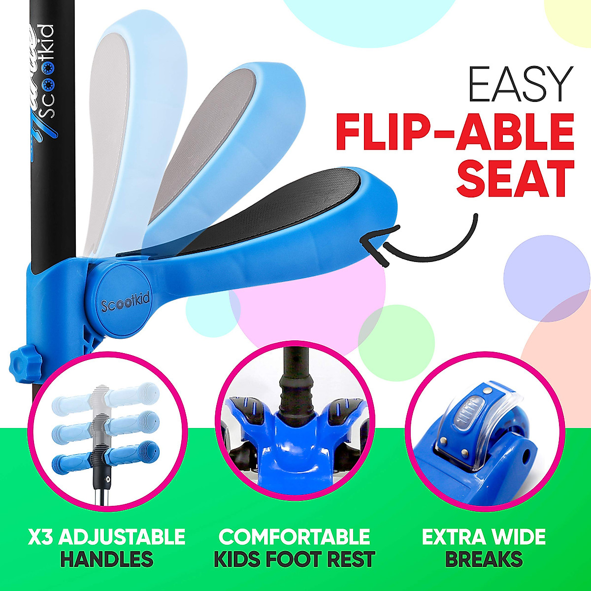 Hurtle 3-Wheeled Scooter for Kids - Wheel LED Lights, Adjustable Lean-to-Steer Handlebar, and Foldable Seat - Sit or Stand Ride with Brake for Boys and Girls Ages 1-14 Years Old - Blue