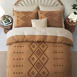 Oli Anderson Tufted Duvet Cover, Soft and Lightweight Duvet Covers Set for All Seasons, 3 Pieces Boho Embroidery Shabby Chic Bedding Set (Pumpkin Brown, Queen, 90"×90")