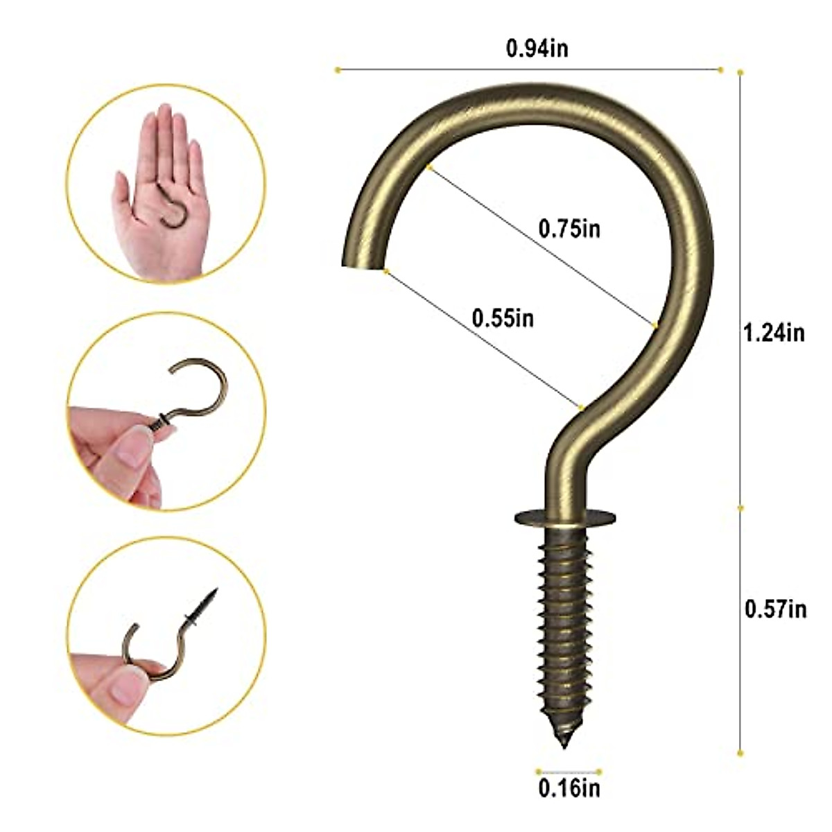 RELBRO 50 Pcs Screw Hooks, 1-1/4 Inch Bronze Cup Hooks Screw in Mug Hooks Metal Heavy Duty Screw Wood Wall Ceiling Hooks Plant Hooks Indoor Outdoor for Utensils Baskets Lights Wreaths