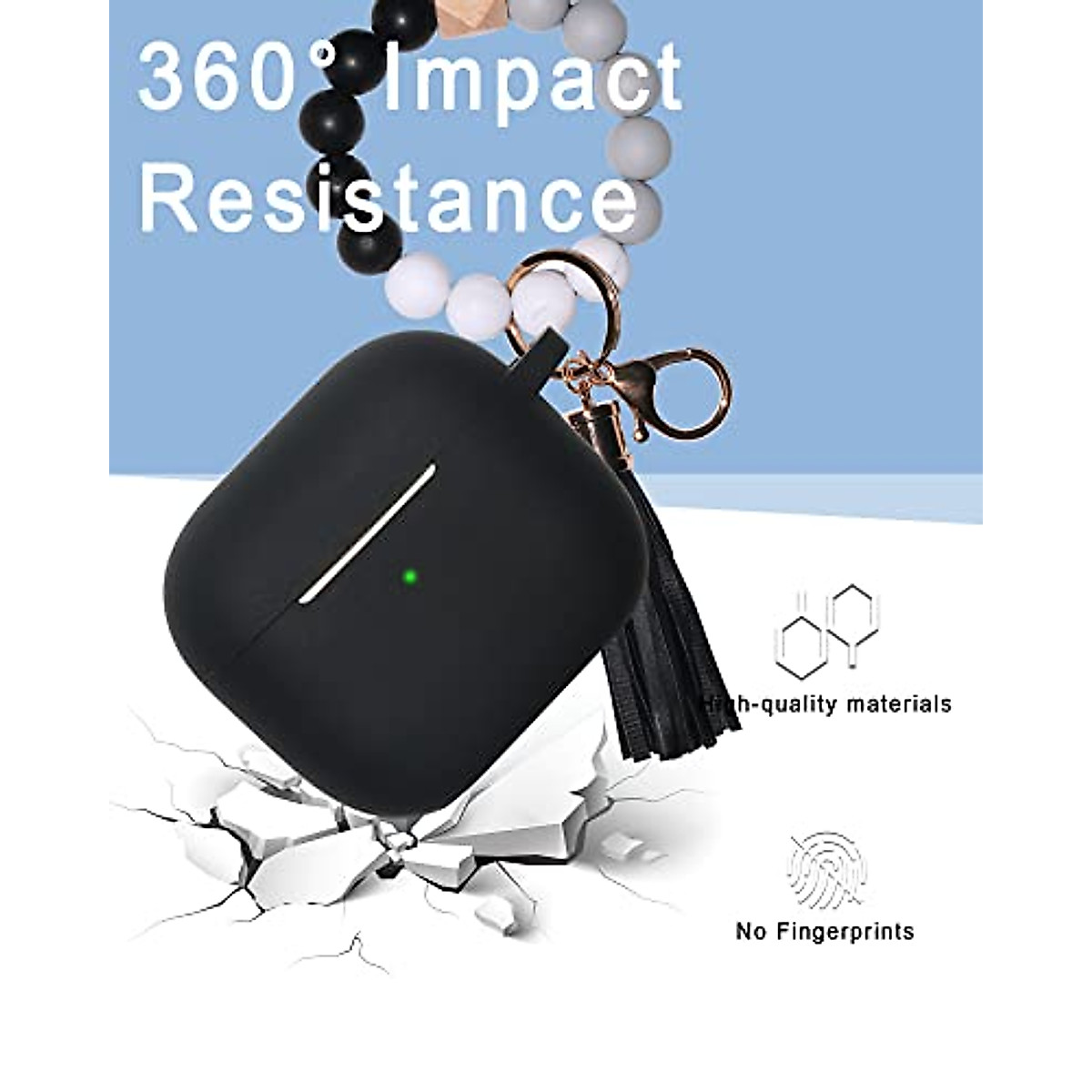 4-in-1 for AirPods 3 Case Cover Accessories Set Kit, Cute for AirPod 3rd Generation Case Skin with Fur Ball Pompom/Wristlet Bracelet Keychain/Credit Card Holder Purse for Women and Girls Black