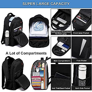 EZUOLA Backpack for Men, 17 inch Travel Laptop Backpack Business Work Laptop Bag with USB Charging Port Water Resistant Computer Bag College Bookbags, Black