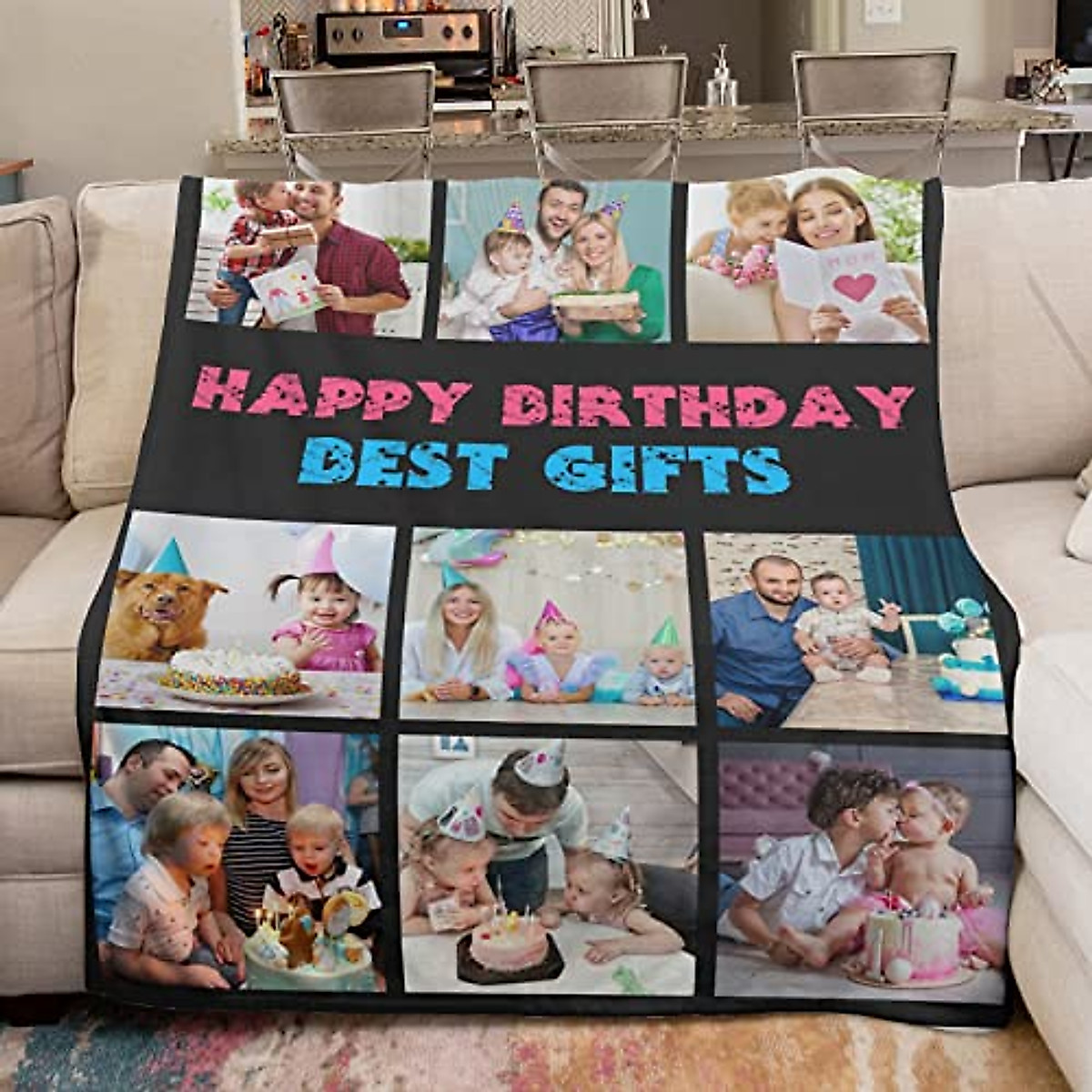 Custom Blanket with Photos Blankets 60'' x 80'' Personalized Picture Collage Name Text Bedding Blanket Birthday Christmas Halloween Valentines Gifts for Adults Kids Mom Family Couples Father