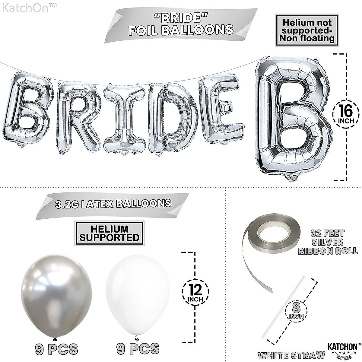 KatchOn, 23pcs Silver Bride Balloons Set - 16 Inch, Silver & White, for Bachelorette Party Decorations