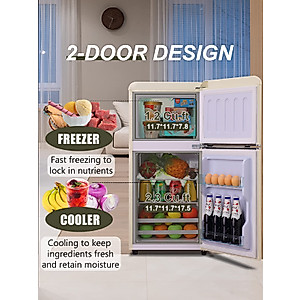 KRIB BLING 3.5 CU.FT Compact Refrigerator 2 Door Mini Fridge with Freezer, Mini Refrigerator with Removable Glass Shelves Small Drink Food Storage Cooler for Office, Dorm, Apartment, Cream