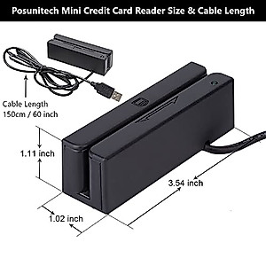 Posunitech Mini Msr100 Swipe Magnetic Credit Card Reader 3 Tracks Hi/Lo Data Collector, USB Msr Stripe Card Reader for Point of Sale (POS), Access Control, ID Verify