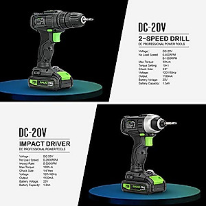 GALAX PRO Cordless Drill Driver/Impact Driver with 1pcs 1.3Ah Lithium-Ion Batteries, Charger Kit, 11pcs Accessories and Tool Bag