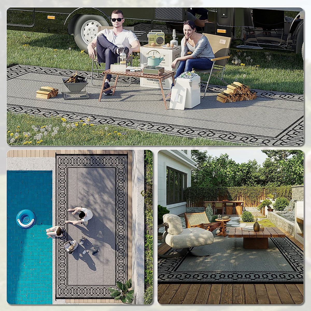 Outsunny Reversible Outdoor Rug, 9' x 18' Waterproof Plastic Straw Floor Mat, Portable RV Camping Carpet with Carry Bag, Large Floor Mat for Backyard, Deck, Picnic, Beach, Black & Gray Border