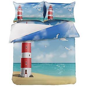 California King Duvet Covers Set Summer Ocean Beach Red Lighthouse 4 Pcs Bedding Sets Brushed Microfiber Quilt Covers Lightweight Cozy Flat Sheet with 2 Pillowcases Animal Seagulls Seascape Blue Sky