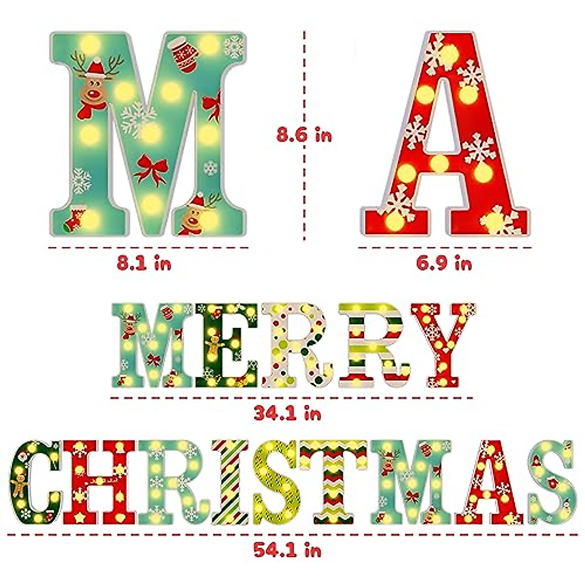 Christmas Decorations - 14 LED Letters Christmas Lights 'MERRY CHRISTMAS' for Christmas Decorations Indoor Home Decor, Surface UV Printing Snowflakes, Christmas Trees, Elk, etc, Warm White