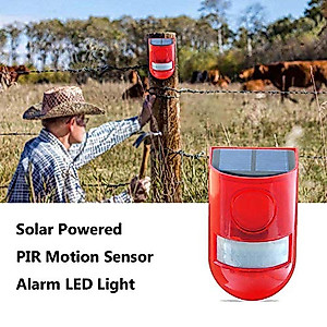 Solar Sound & Light Alarm Motion Sensor 110 Decibels Siren Sound Alert & 6LEDs Flash Warning Strobe Security Alarm System for Farm Villa
