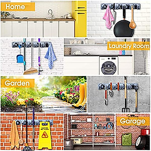 Feir Mop Broom Holder Wall Mounted Kitchen Hanging Garage Utility Tool Organizers and Storage Rack For Commercial Bathroom Laundry Room Closet Gardening (Grey)
