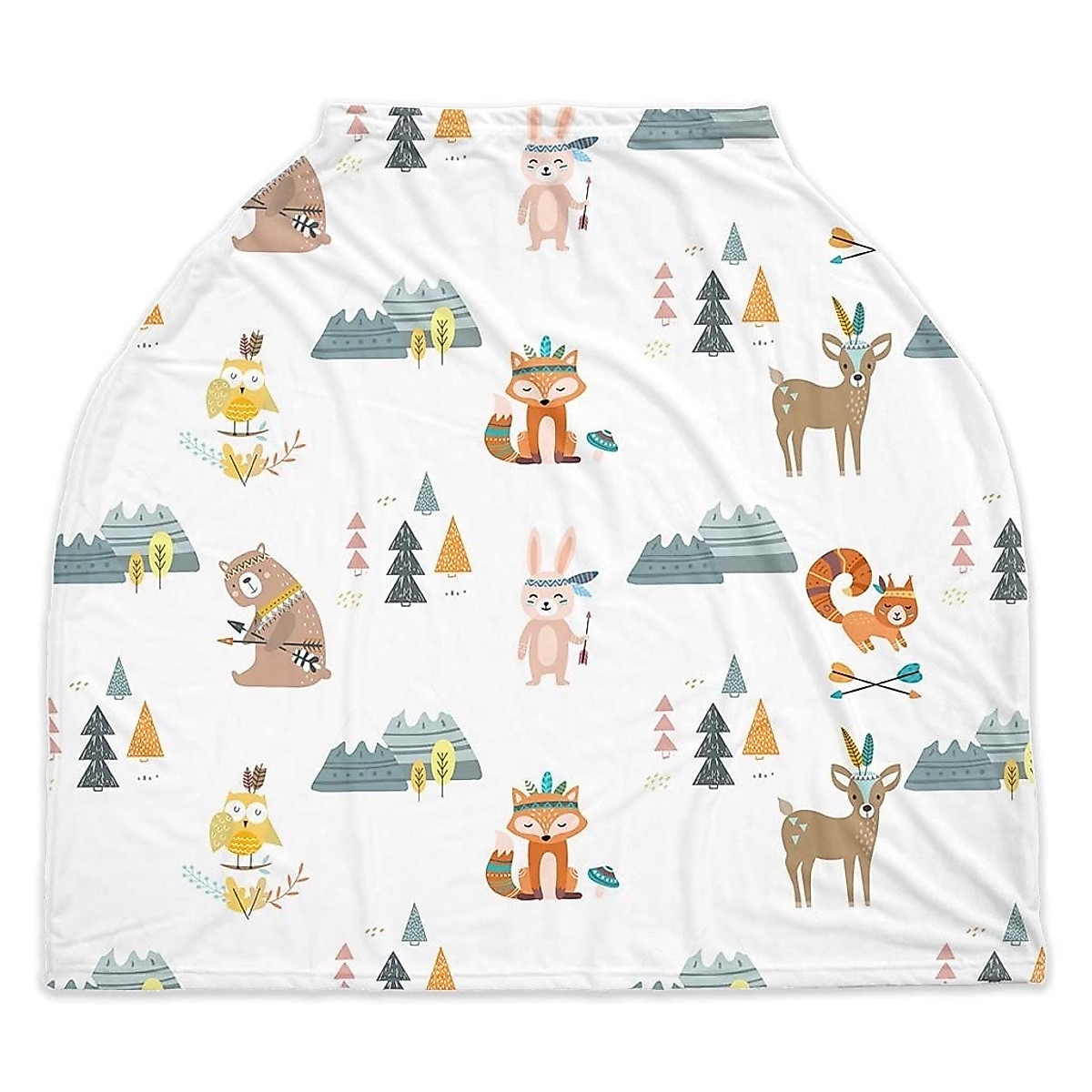 YayaTete Stretchy Multi Use Cover Woodland Animals Car Seat Canopy Nursing Breastfeeding Cover Up Shopping Grocery Cart High Chair Covering Baby Nursery Decor, White, Tan, Brown, One Size
