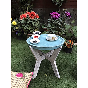 SAVON Serving Table Wood Side end Round Blue Rustic Wooden Tray Collapsible Distressed