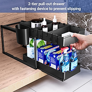 Puricon 2 Pack Under Sink Organizers and Storage 2-Tier Double Sliding Pull-out Drawer, Under the Sink Organizer Kitchen Multi-purpose Under Bathroom Sink Shelf Storage Rack for Cabinet -Black