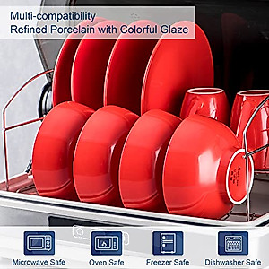 LOVECASA Red Dinnerware Sets for 4, 16 PCS Porcelain Dishes Set, Round Plates and Bowls Sets Including Dinner Plates, Dessert Plates, Bowls and Mugs, Microwave&Dishwasher Safe, Orangered